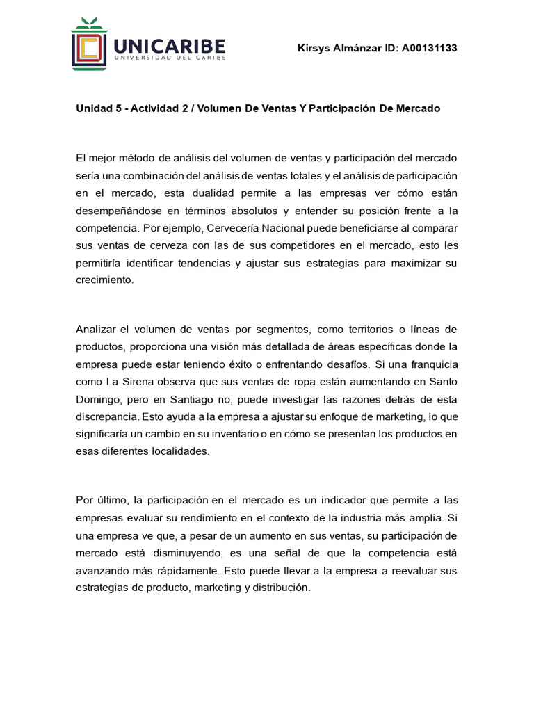 Almánzar Kirsys - Volumen de Ventas Y Participación de Mercado | PDF