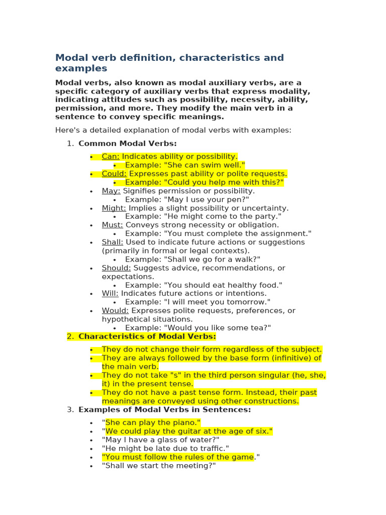 Modal Verbs Main Characteristics | PDF