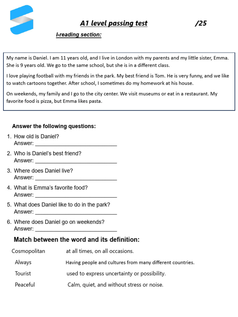 A1 Level English Test Questions and Exercises | PDF | Linguistics | Grammar