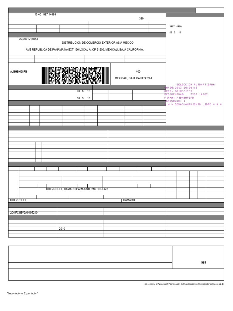 Pedimento Pedimento Blazer | PDF | Negocios Internacionales | Comercio