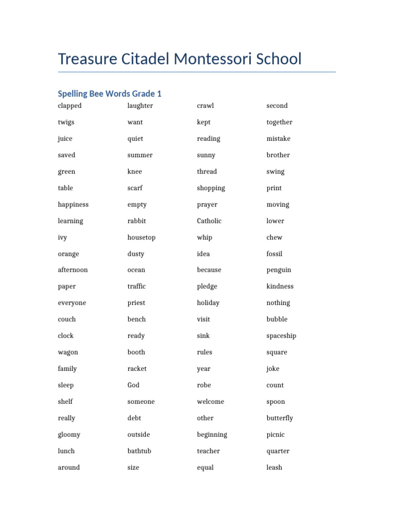 Spelling Bee Grade1 Words | PDF
