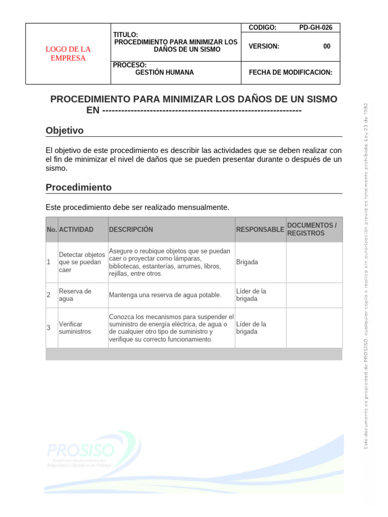 PD-GH-026 Procedimiento para Minimizar Los Daños de Un Sismo | PDF