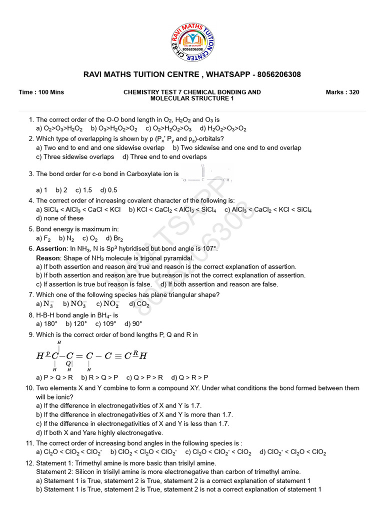 21 Chemistry Test 7 Chemical Bonding and Molecular Structure Q | PDF ...