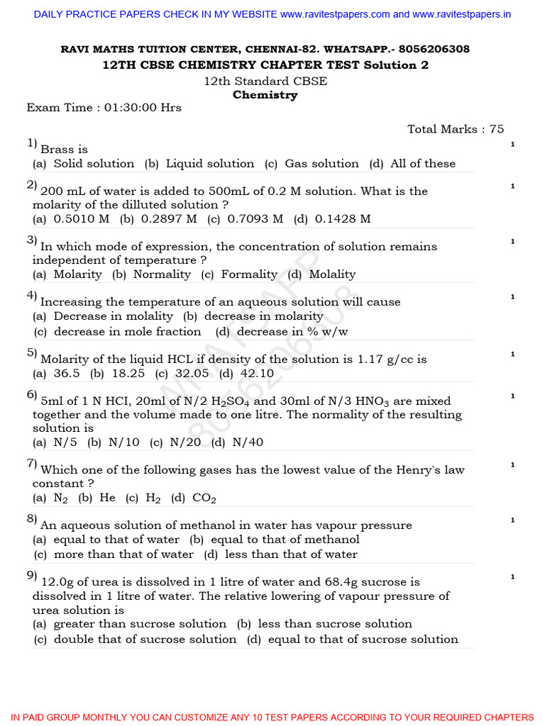 12th Cbse Chemistry Chapter Test Solution 2q | PDF | Solubility ...