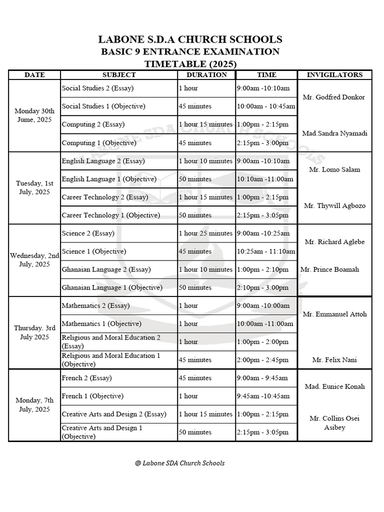 Basic 9 Entrance Examination Timetable-1 | PDF