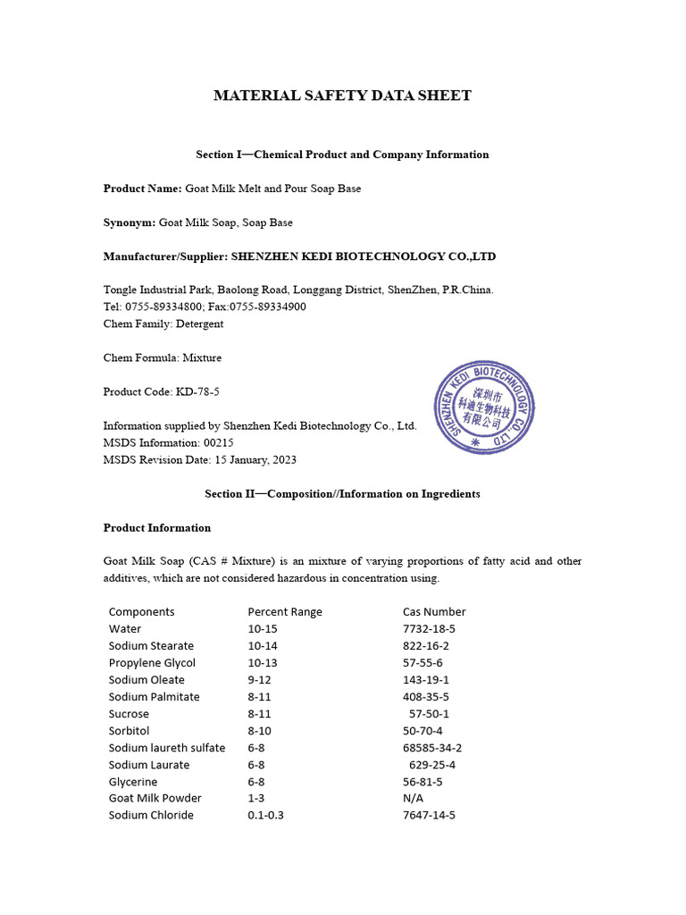 Goat Milk Soap Base MSDS Guide | PDF | Occupational Safety And Health ...