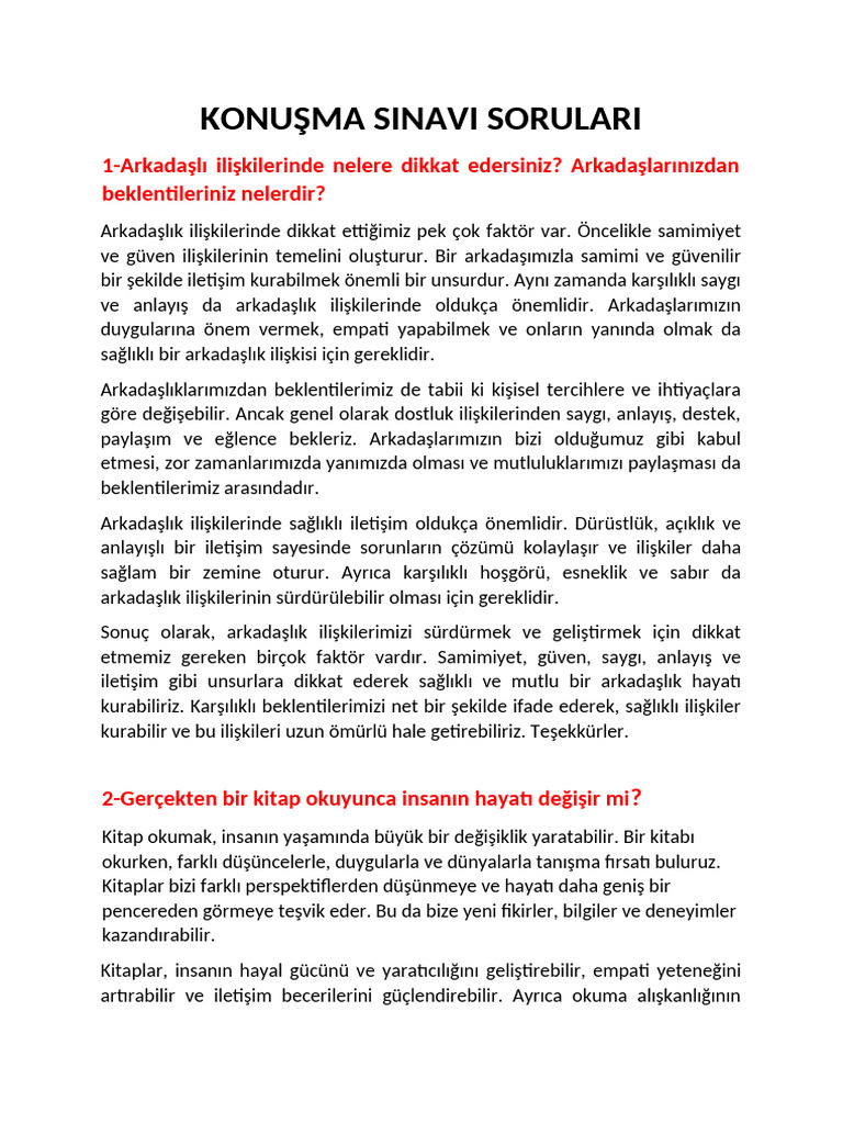 Konuşma Sinavi Sorulari | PDF