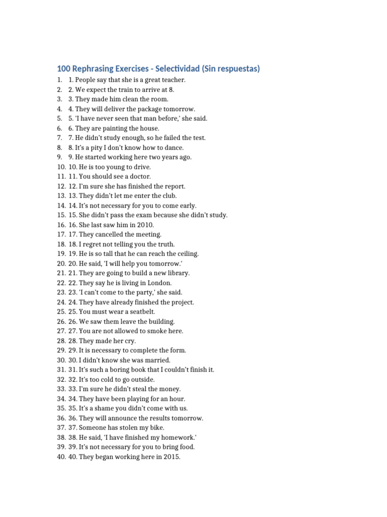 100 Rephrasing Exercises Selectividad Sin Respuestas | PDF | Chess Theory