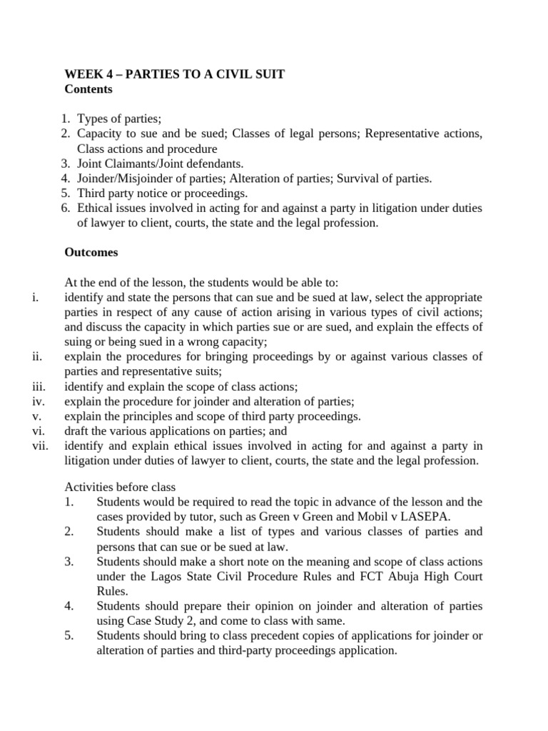 Civil Week 4 Lesson Plan and Tasks | PDF | Lawsuit | Class Action