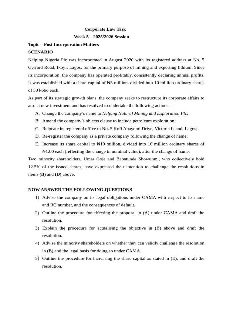 2025-2026 WK 5 Corporate Task | PDF | Private Law | Justice