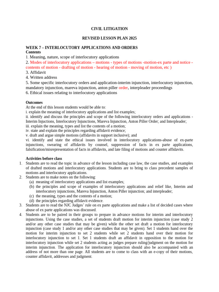 Civil Week 7 Lesson Plan - Interlocutory Applications Revised | PDF ...