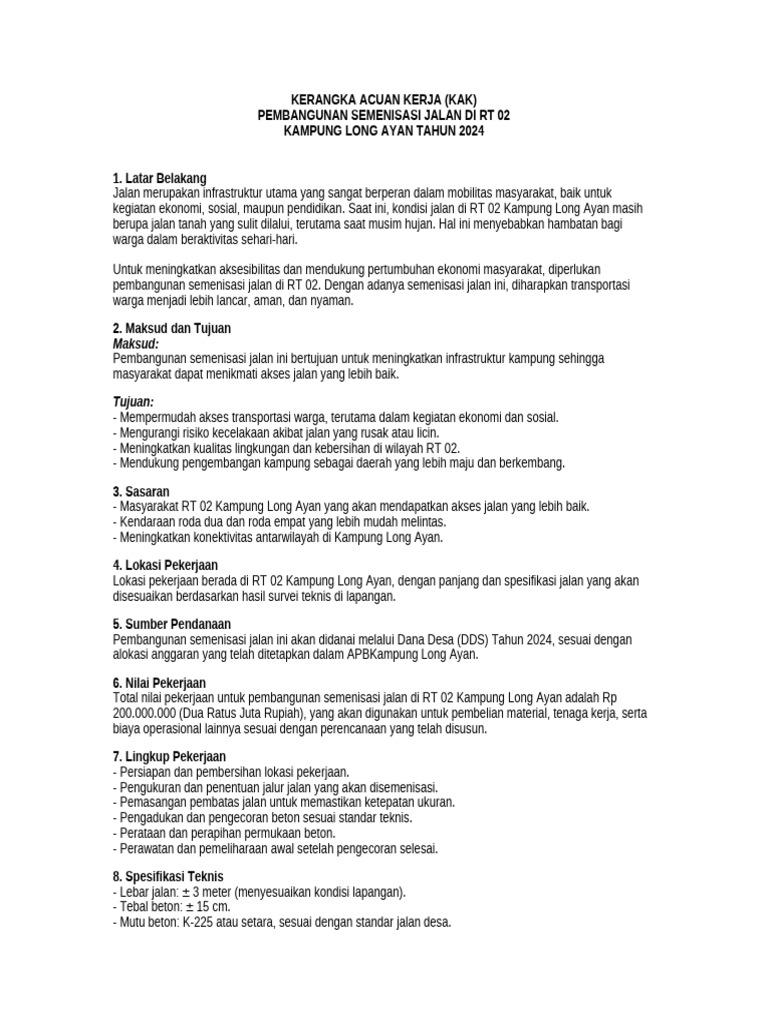 KAK Pembangunan Semenisasi Jalan RT02 | PDF
