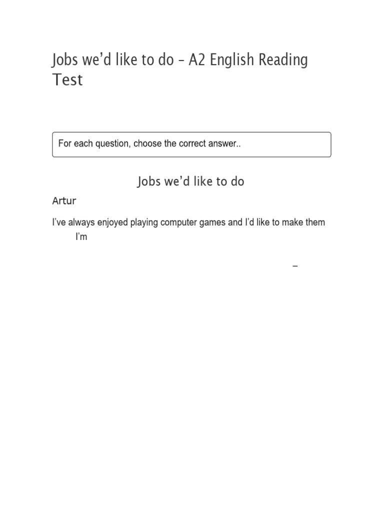 A2 Reading Test: Future Job Aspirations | PDF