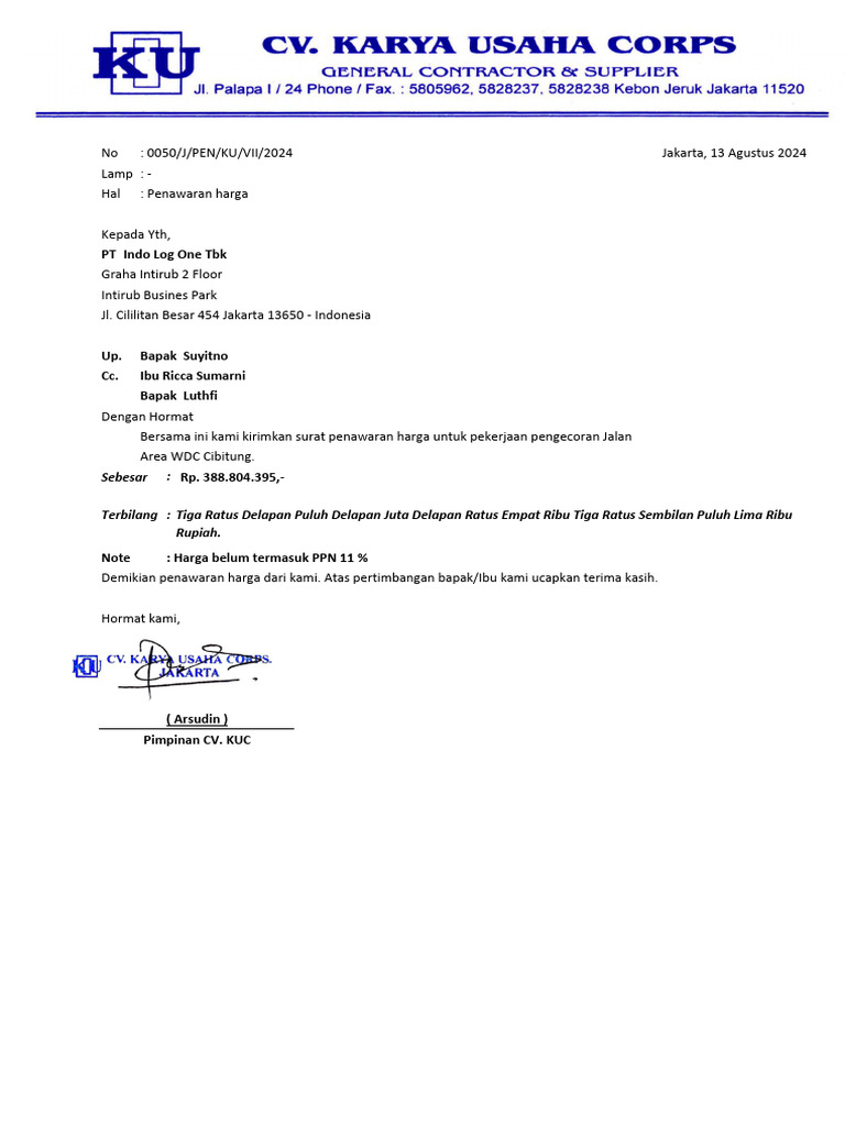 BQ Ilo - Uli - Perbaikan Jalan Beton Unilever - 28 Juni 2024 - Opsi 1 | PDF