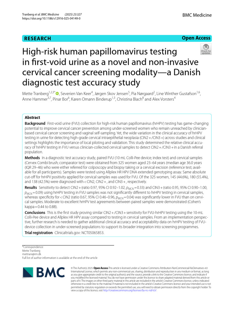 High-Risk Human Papillomavirus Testing in First Void Urine As A Novel ...