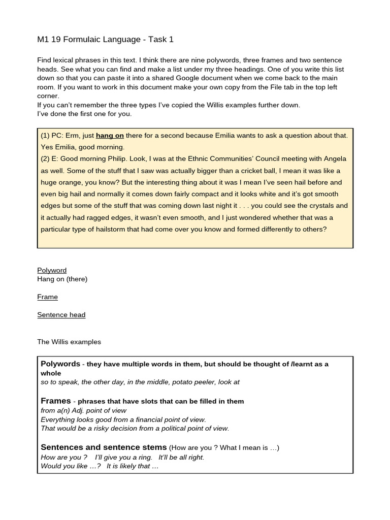 M1 19 Formulaic Language - Task 1 | PDF