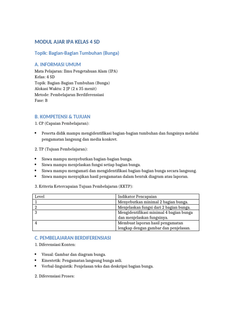 Modul Ajar IPA Kelas 4 - Bagian Bunga | PDF