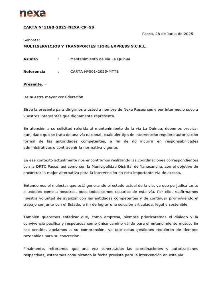 CARTA N°1180-2025-NEXA-CP-GS-Rspta. Los Tigres | PDF