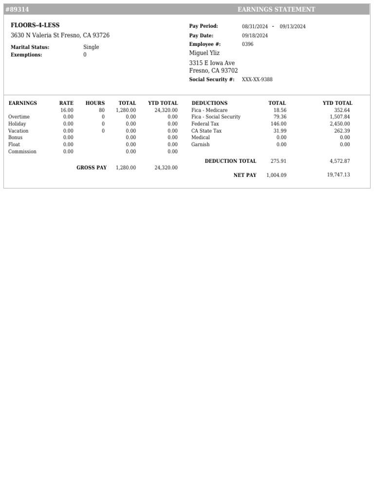 Earnings Statement for Miguel Yliz | PDF | Taxes | Welfare State