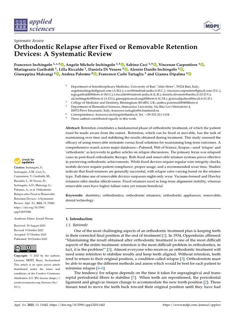 "Orthodontic Relapse After Fixed or Removable Retention Devices | PDF ...