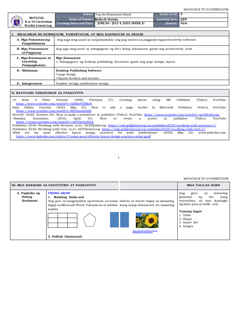 DLL Matatag - Epp 5 q1 w3 | PDF