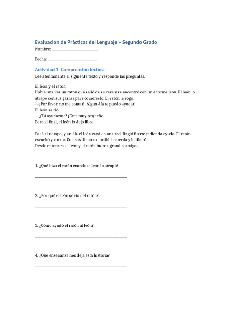 Evaluacion Practicas Lenguaje 2do | PDF