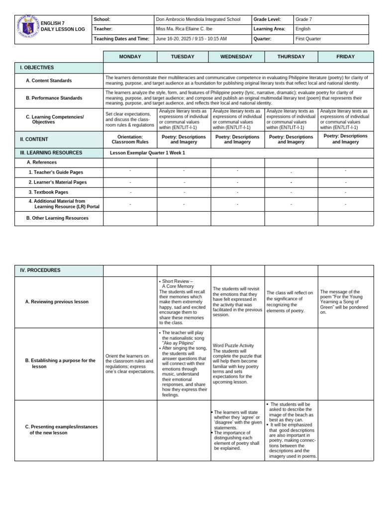 Grade 7 English Poetry Lesson Plan | PDF | Poetry | Learning