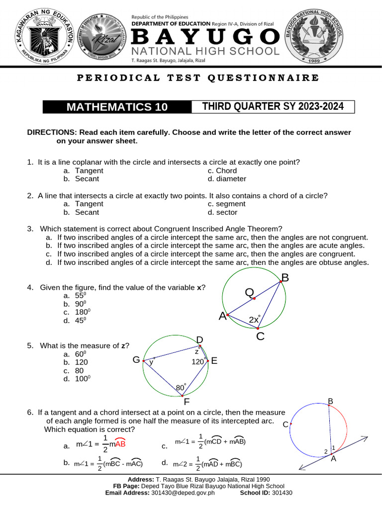 Mathematics 10 Third Periodical Test | PDF | Circle | Angle