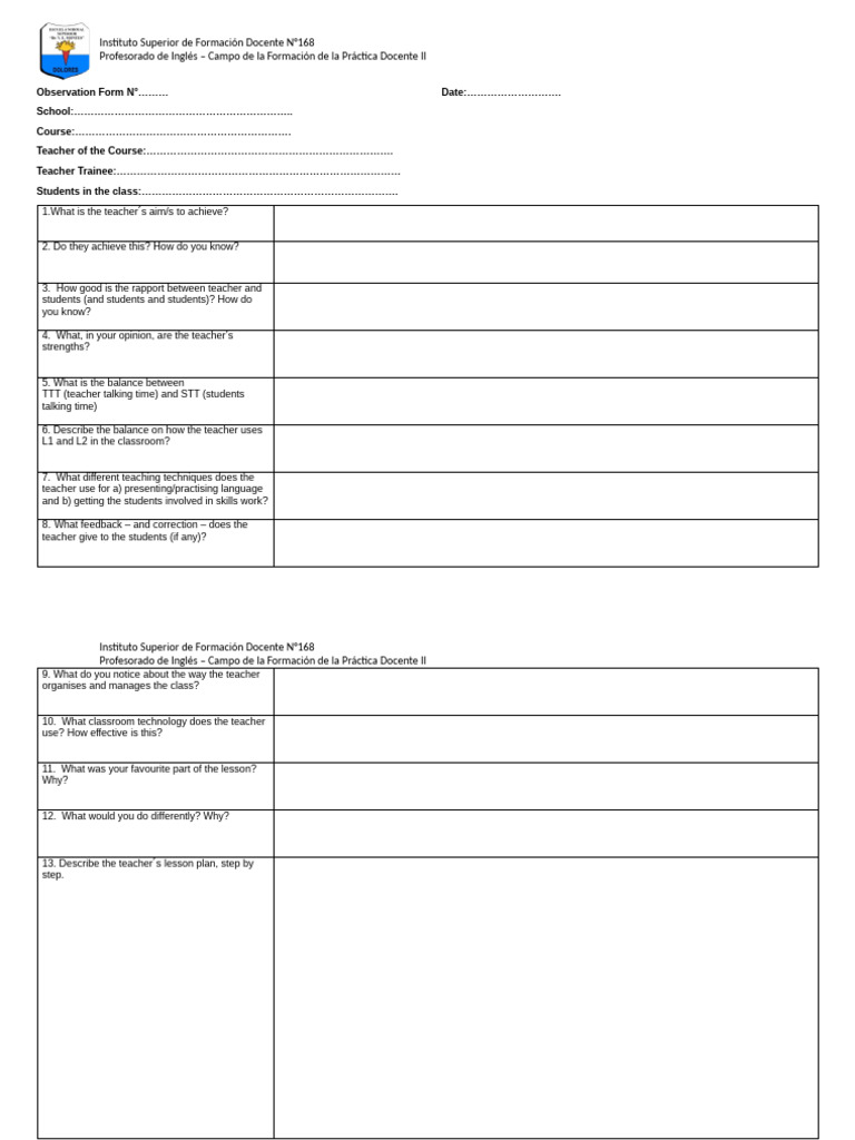 Teacher Observation Form for English Class | PDF