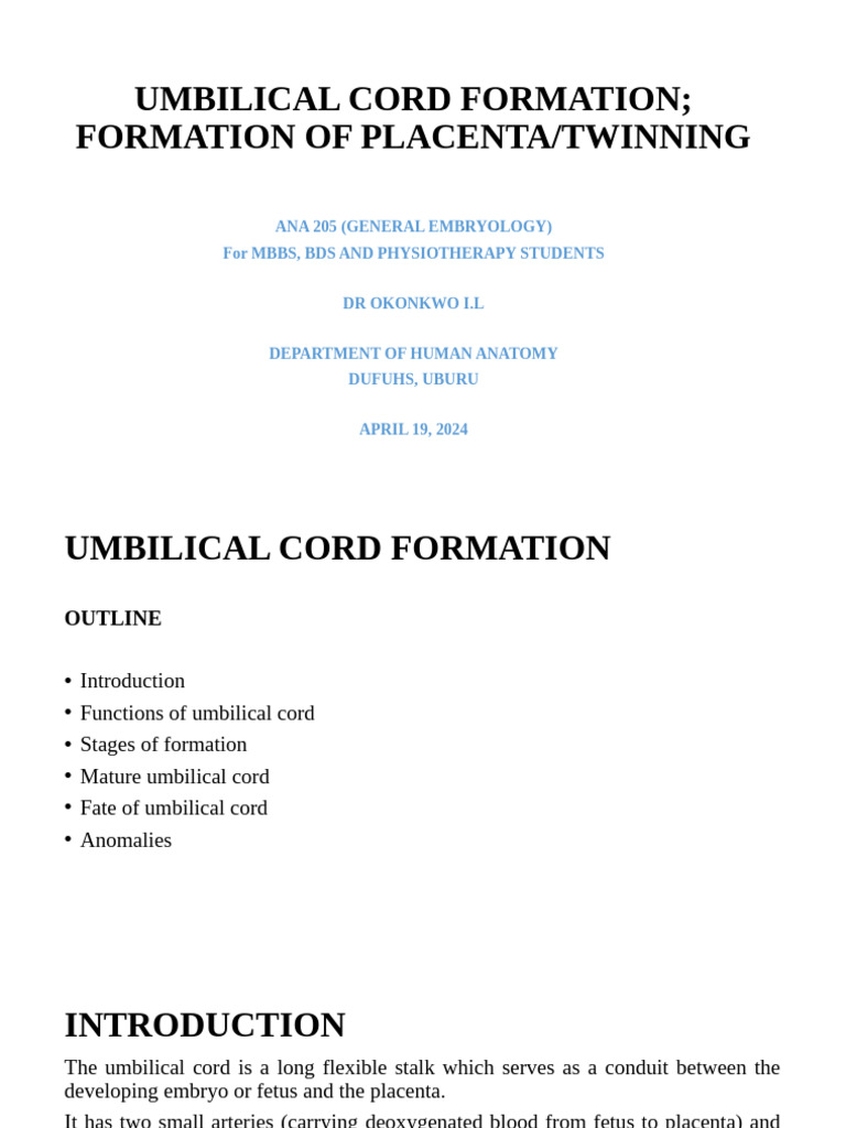 Umbilical Cord Formation and Anomalies | PDF | Placenta | Twin
