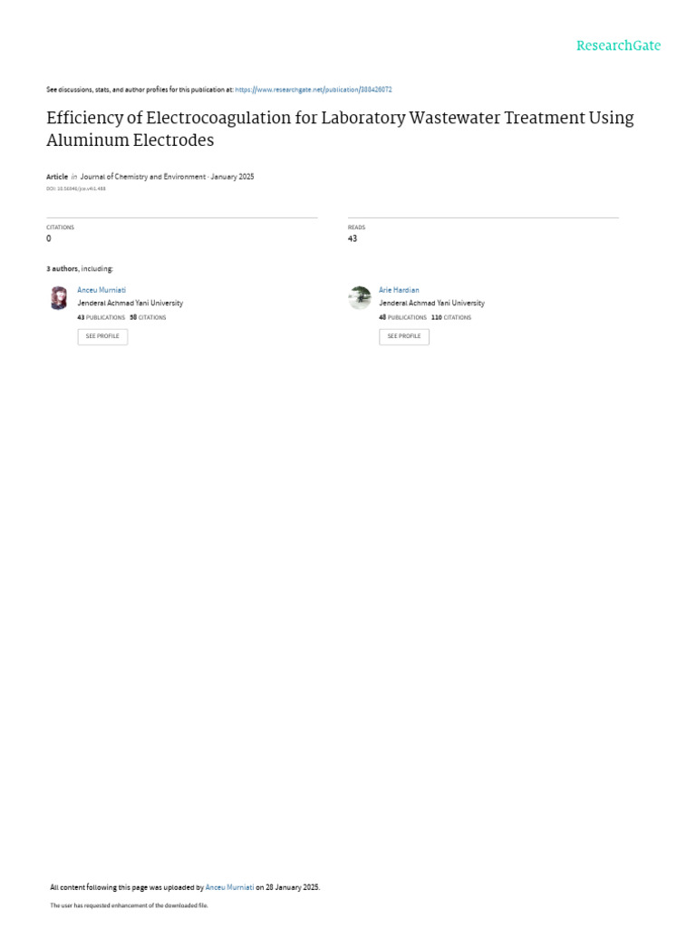 Efficiency of Electrocoagulation For Laboratory Wastewater Treatment ...