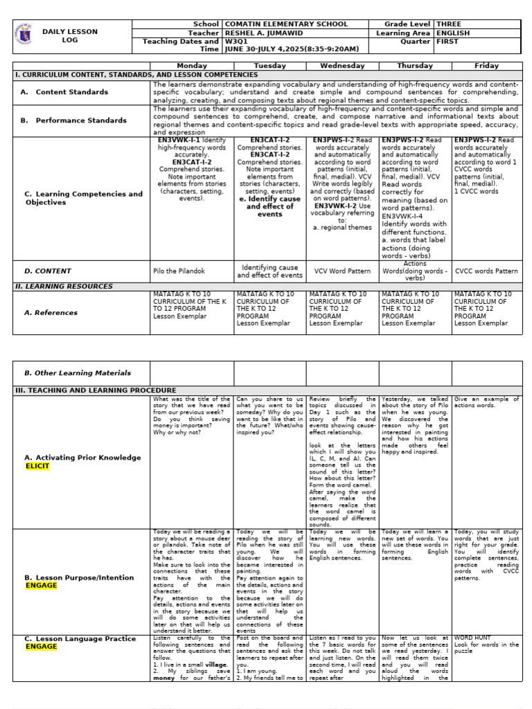 Pilo the Pilandok: Grade 3 Lesson Plan | PDF | English Language ...