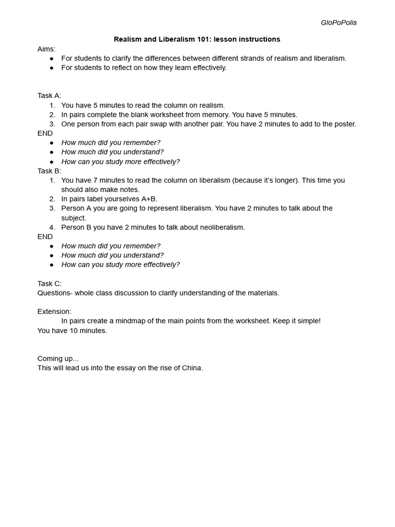Realism and Liberalism 101 - Lesson Instructions | PDF