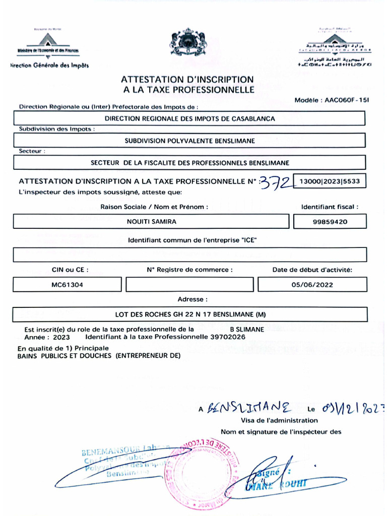 Attestation D'inscription A La Taxe Professionnelle | PDF