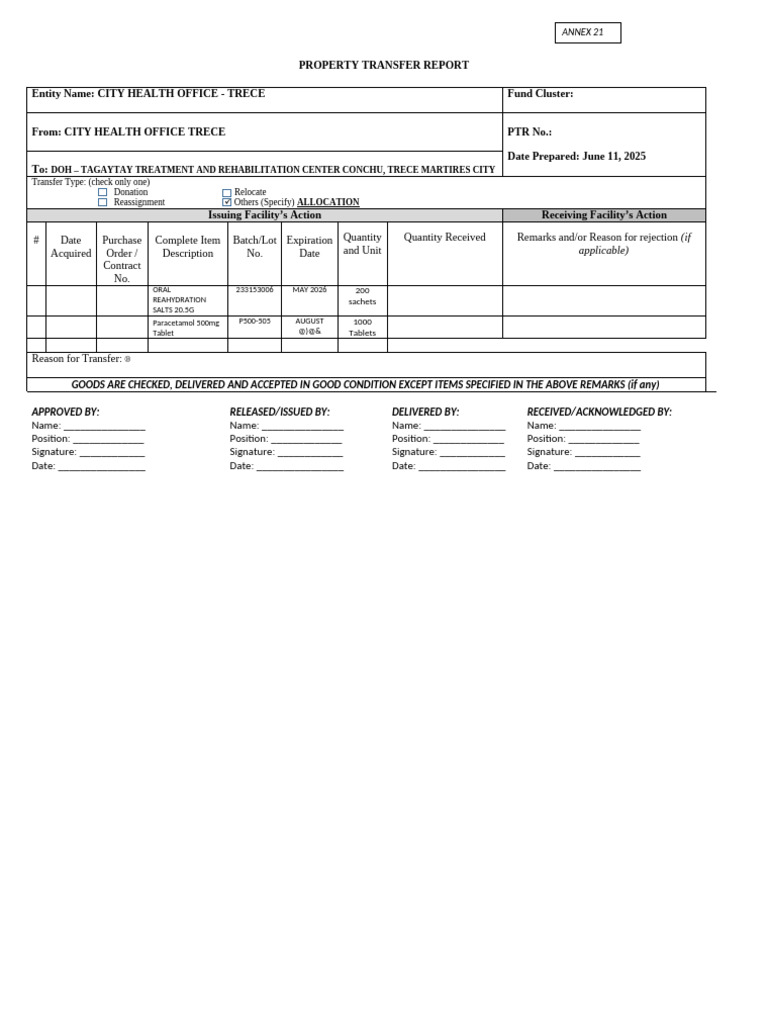Property Transfer Report - Annex 21 | PDF