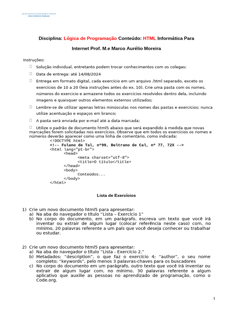 Aula Senai Atividades HTML CSS 12 - 130824 | PDF | Html | Html5