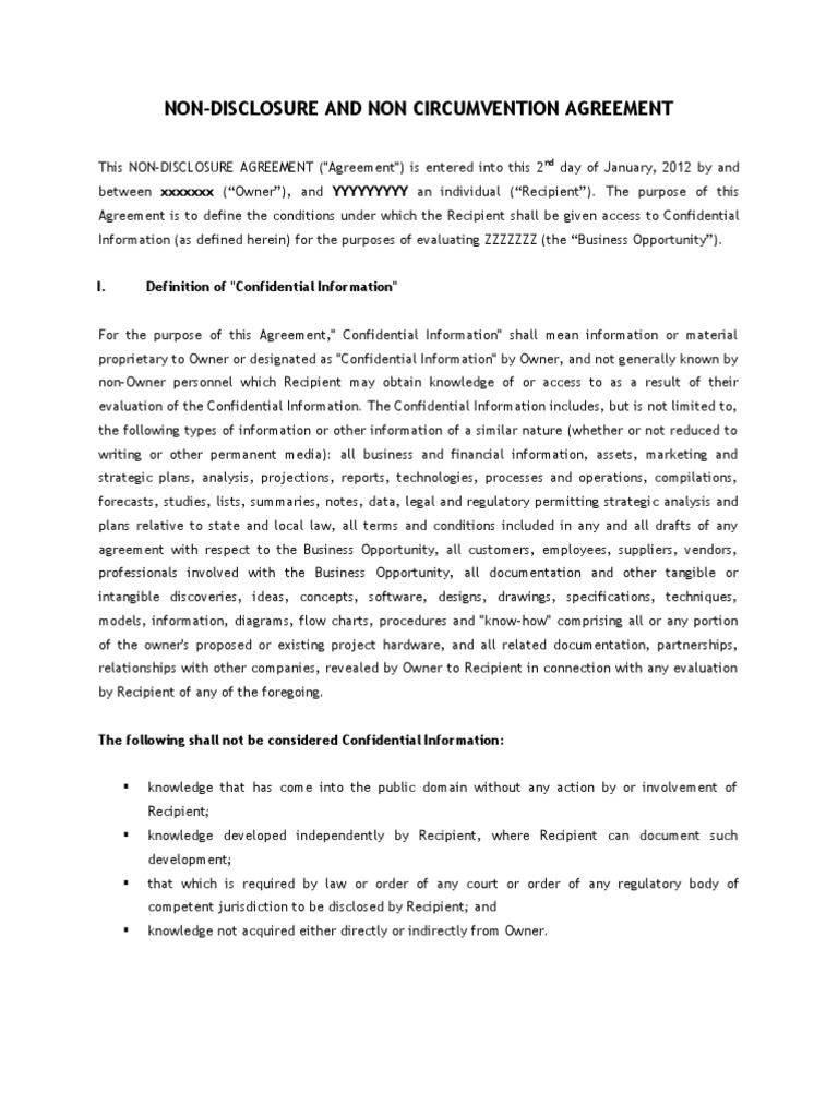 Non Disclosure Non Circumvention Agreement Form | Download Free PDF | Confidentiality | Non ...