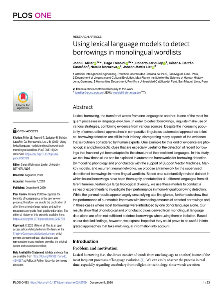 Using Lexical Language Models To Detect Borrowings in Monolingual Wordlists | PDF | Word ...