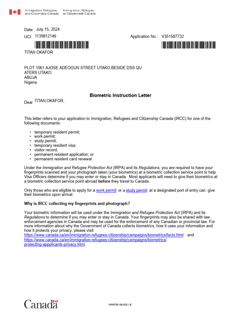 Biometric Instruction Letter | PDF | Immigration | Human Migration