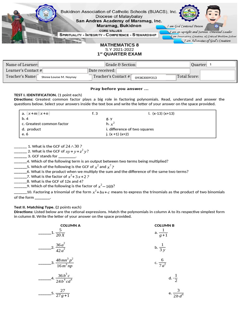 GCF and Polynomial Factoring Exam | PDF | Abstract Algebra | Algebra
