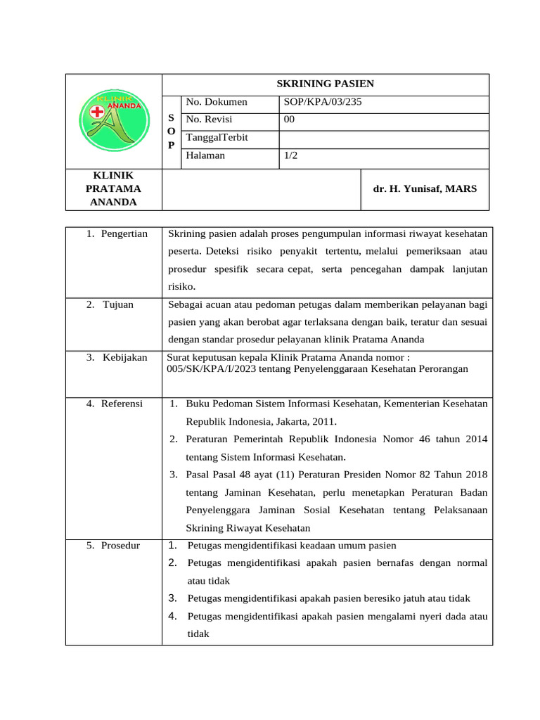 Sop Skrining Pasien | PDF