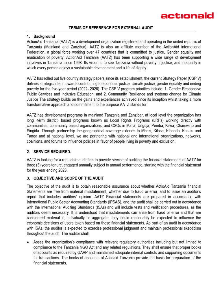 External Audit Terms of Reference AATZ | PDF | Audit | Internal Control