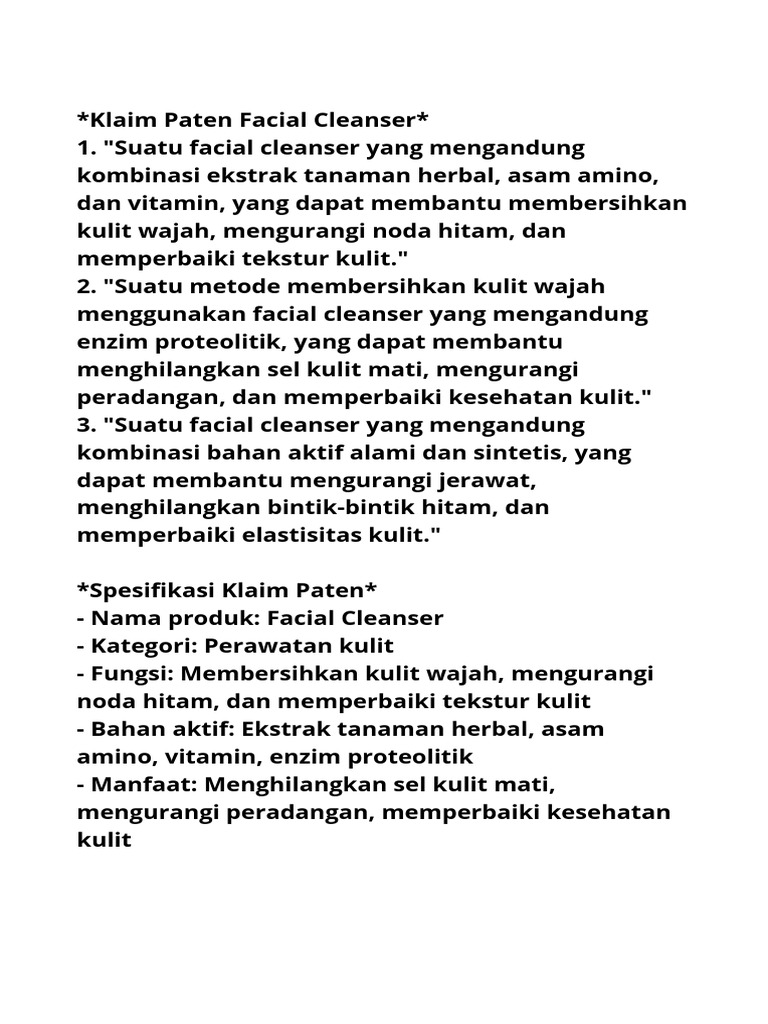 Berikut Adalah Contoh Klaim Paten Untuk Facial Cleanser Klaim Paten ...