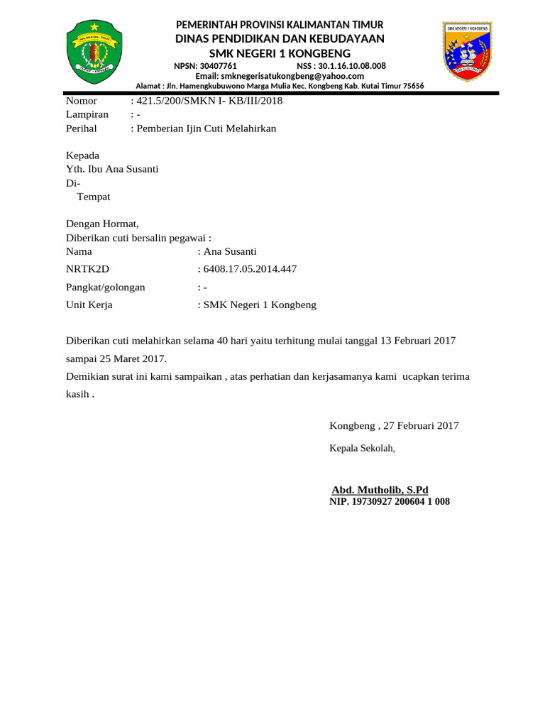 Surat Cuti Melahirkan Ibu Ana Susanti | PDF