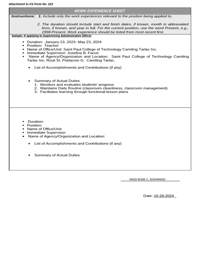CS Form No. 212 Attachment Work Experience Sheet | PDF