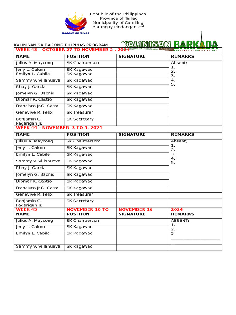 November 2024 Attendance Sheet - Pindangan 2nd | PDF
