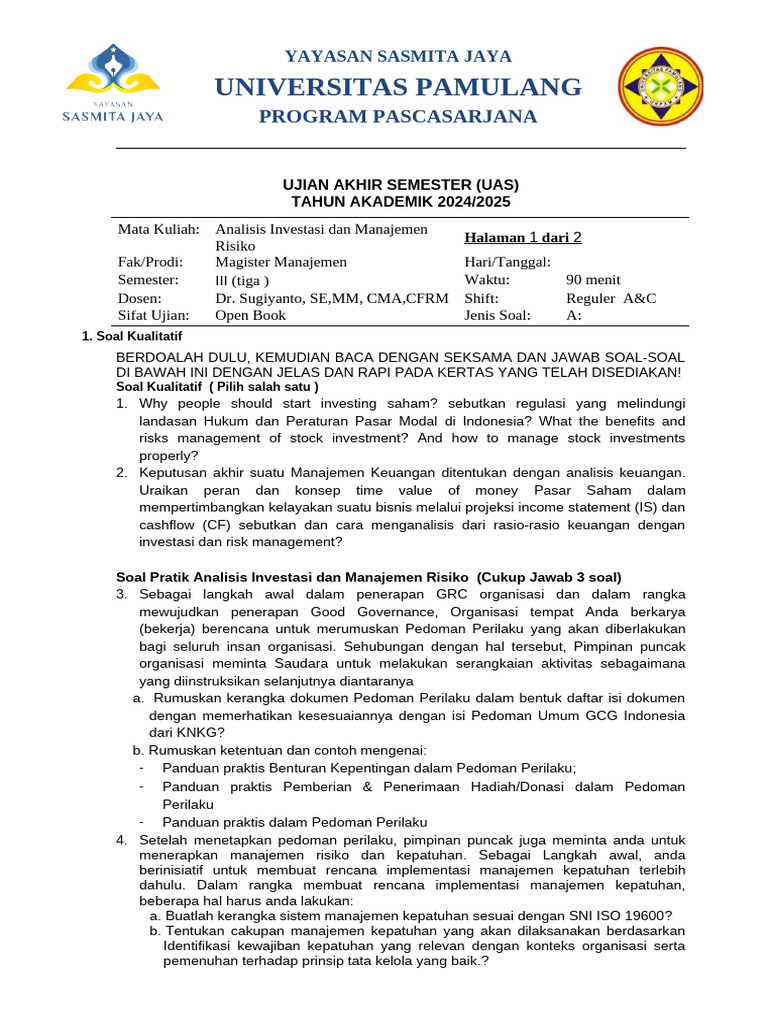 UAS Analisis Investasi Manajemen Risiko 2025 Genap | PDF