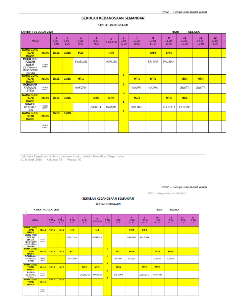 Jadual Relief Guru 1 Julai 2025 | PDF