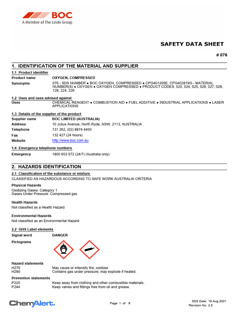 BOC Oxygen, Compressed SDS | PDF | Dangerous Goods | Occupational ...
