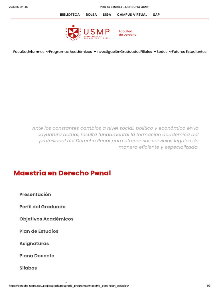Plan de Estudios Maestria Derecho Penal Usmp | PDF